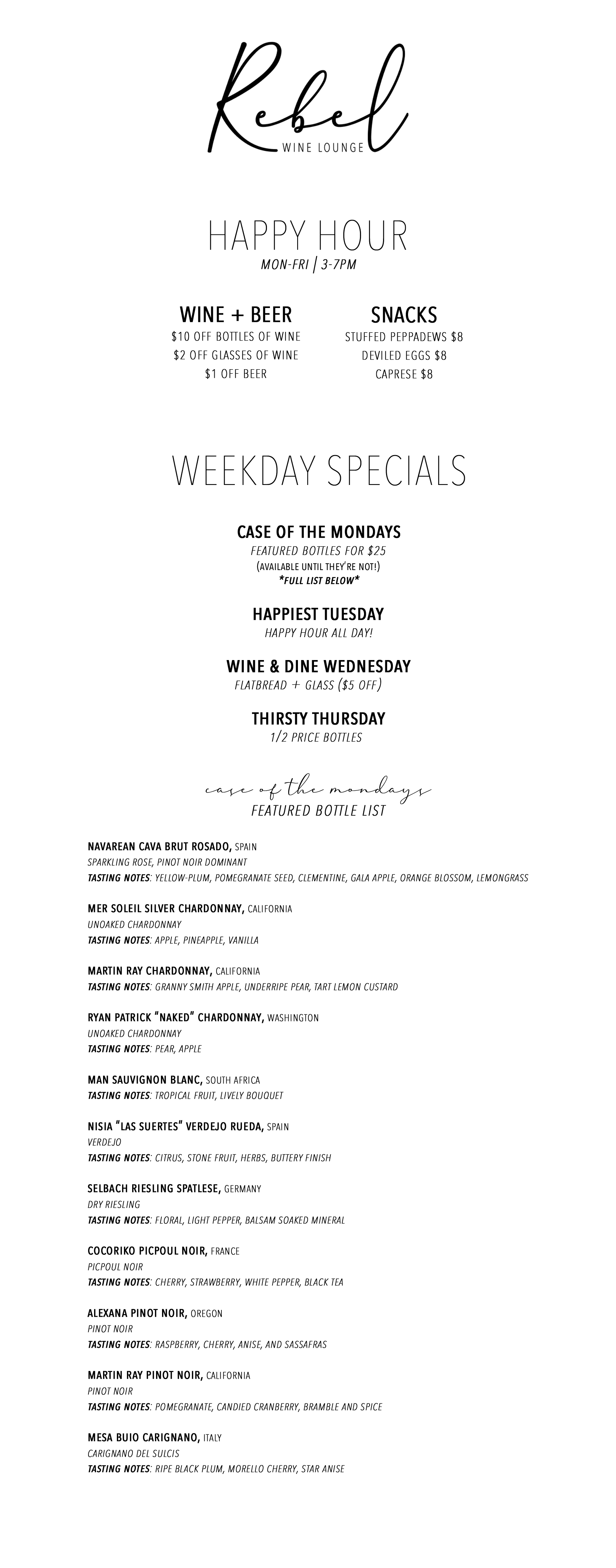 Menu | Rebel Wine Lounge